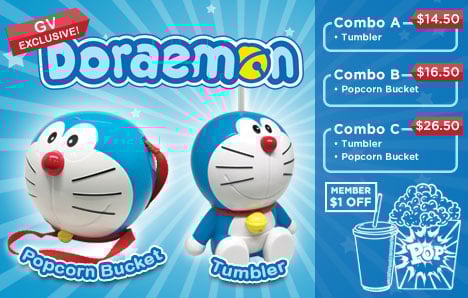 Doraemon Popcorn Bucket at Golden Village Versus Duffy Popcorn Bucket