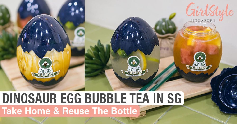 Dinosaur Egg Bubble Tea At U-Cha Singapore With Reusable Bottle