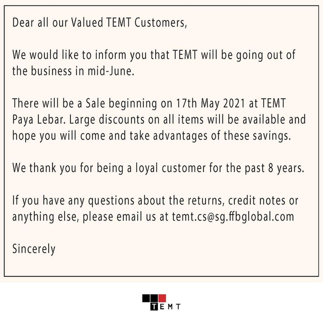 TEMT Singapore Is Having A Closing Down Sale With Large Discounts